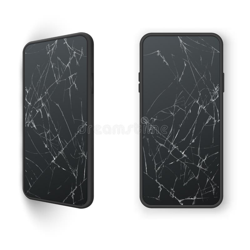 Broken Mobile Phone Black Cracked Screen Front Side View Set Realistic ...