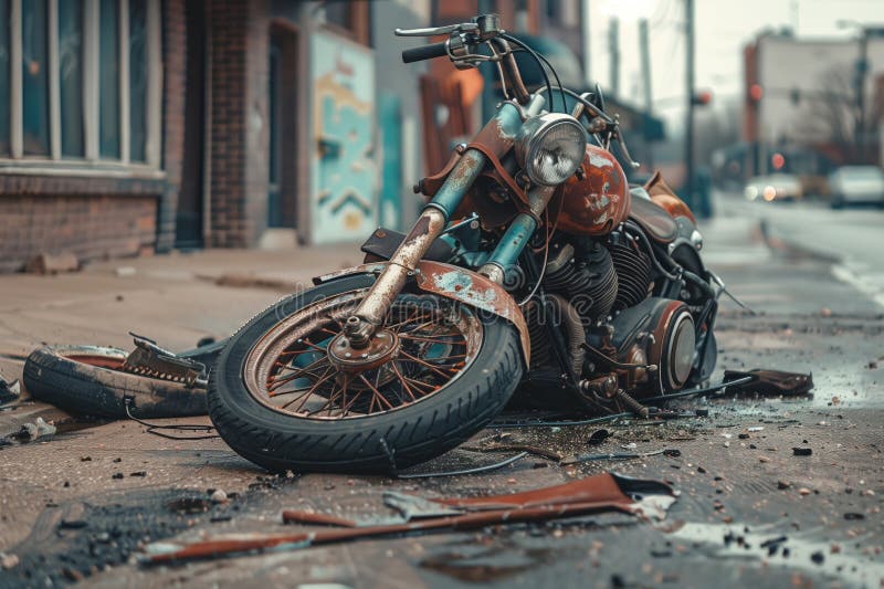 Broken Motorcycle on the Asphalt Road in the Rain. the Concept of ...