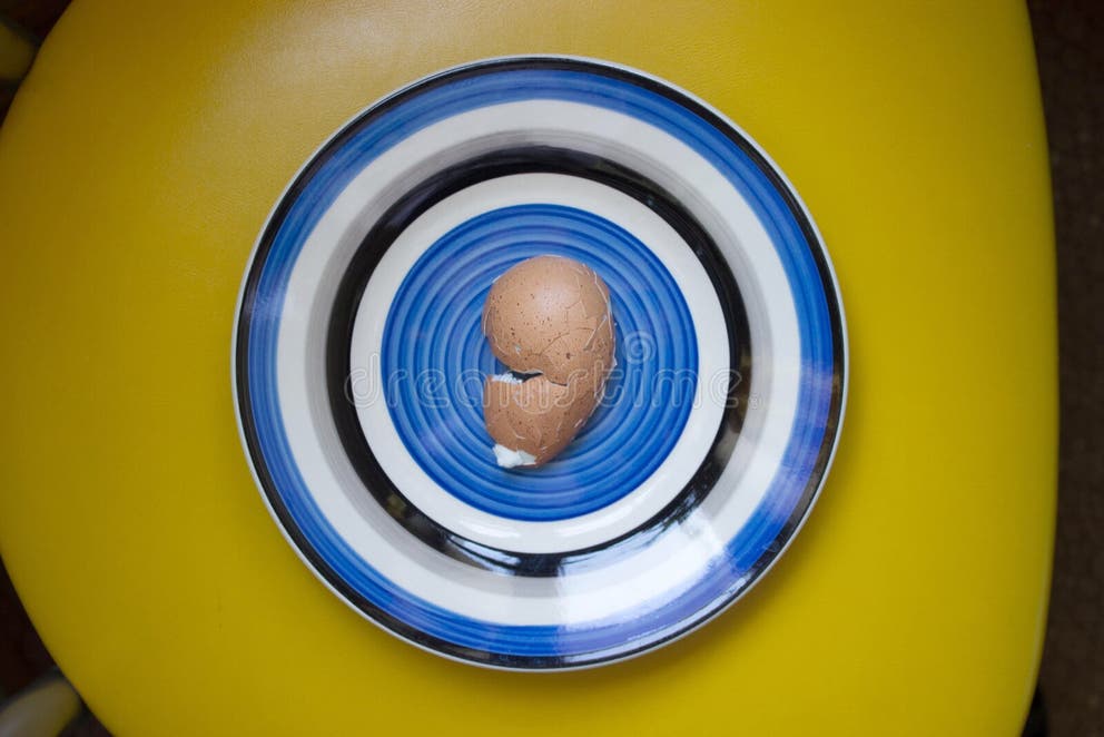 Broken Mottled Brown Egg Shells on a Round Blue Plate on a Yellow ...