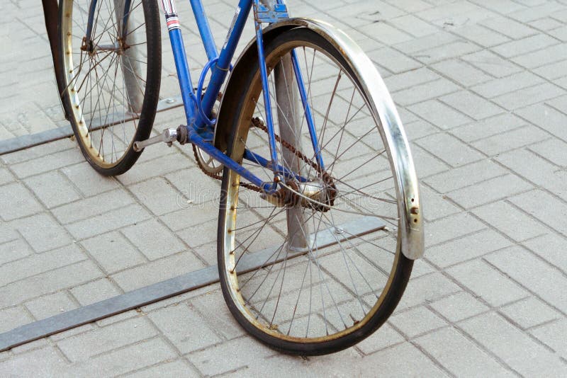 Broken Old Bike. the Bent Wheel. Attached To the Rack Stock Image ...