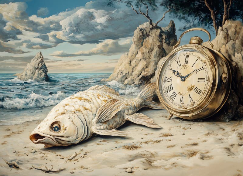 Broken Old Clock and a Dead Fish Stock Illustration - Illustration of ...