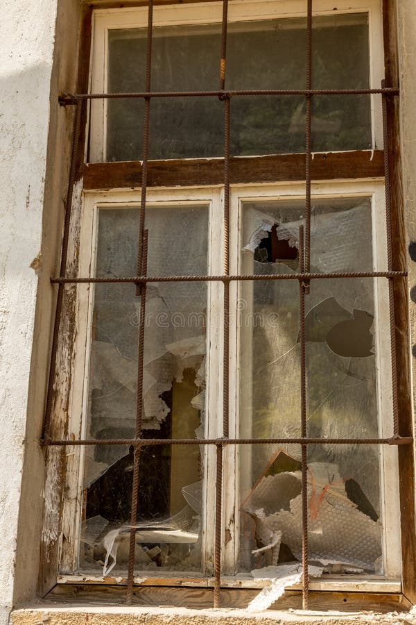 Old Abandoned Building with Ruined Windows and Walls. Huge Large Cracks ...
