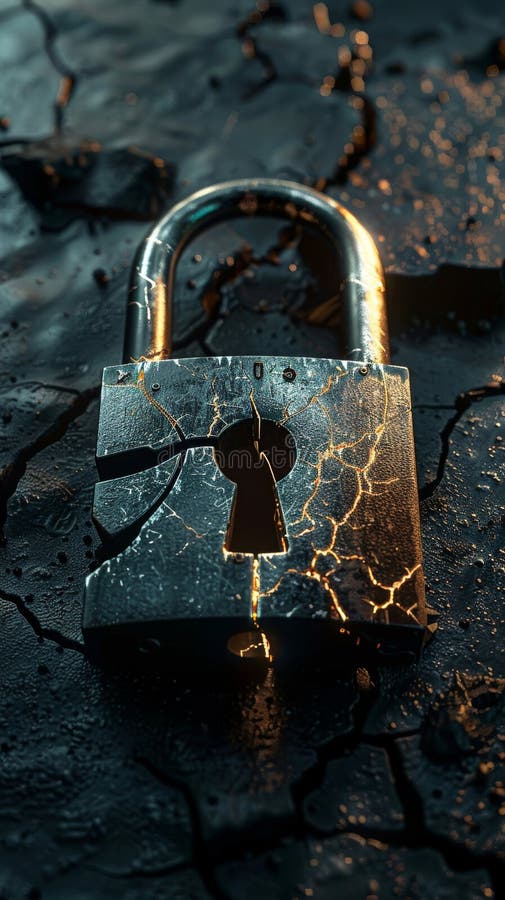 Broken Padlock on Cracked Surface with Glowing Lines, Security Breach ...