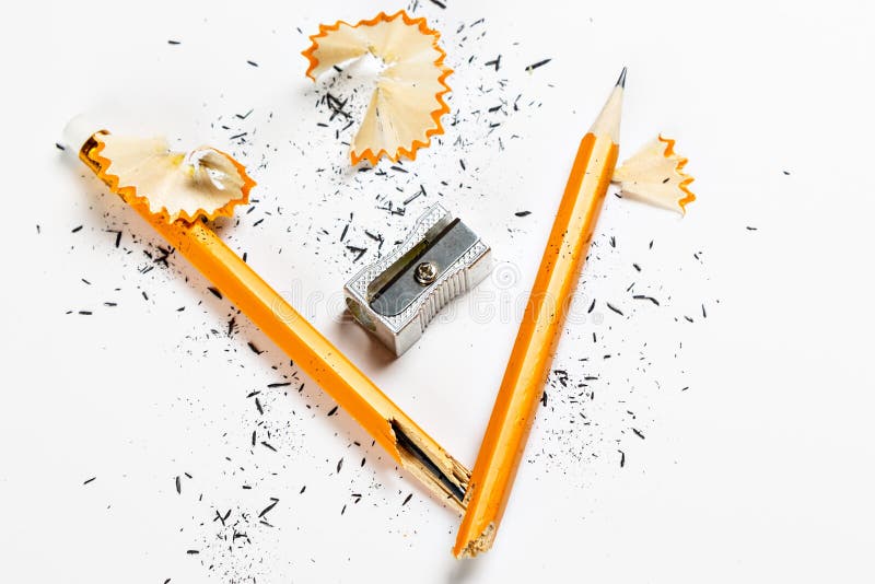 Broken Pencil with Metal Sharpener and Shavings. Stock Image - Image of ...