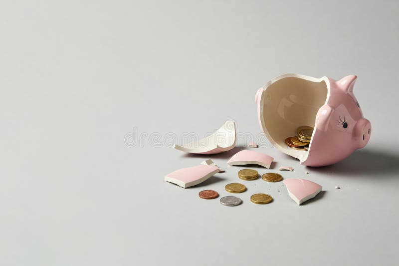 A Broken Piggy Bank with Coins Scattered on the Floor. Space for Text ...