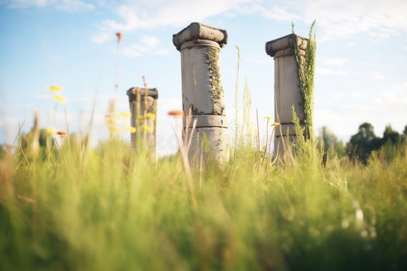 Broken Pillars in a Field with Overgrown Grass Stock Illustration ...