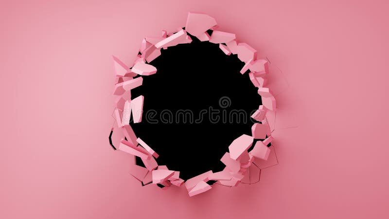 Broken Pink Wall with Stone Pieces, Cracks and Black Hole in the Middle ...