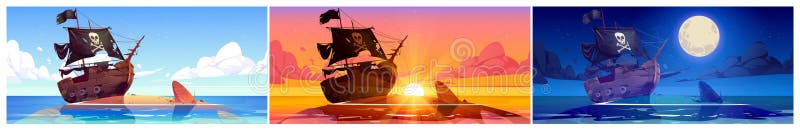 Broken Pirate Ship At Different Times Of Day Stock Vector