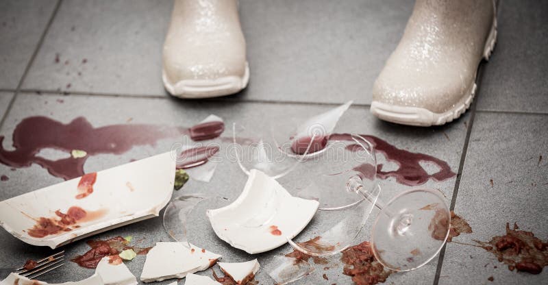 Broken Plate or Broken Water Glass on the on the Floor in the Kitchen ...