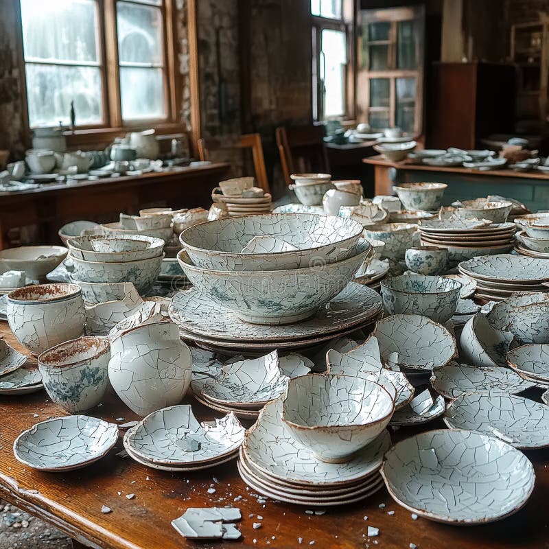 Broken Plate on Table, White Ceramic Pieces, Smashed Crockery Bowl ...