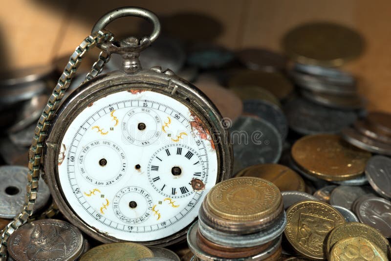 Broken Pocket Watch with Old Coins Stock Photo - Image of currency ...