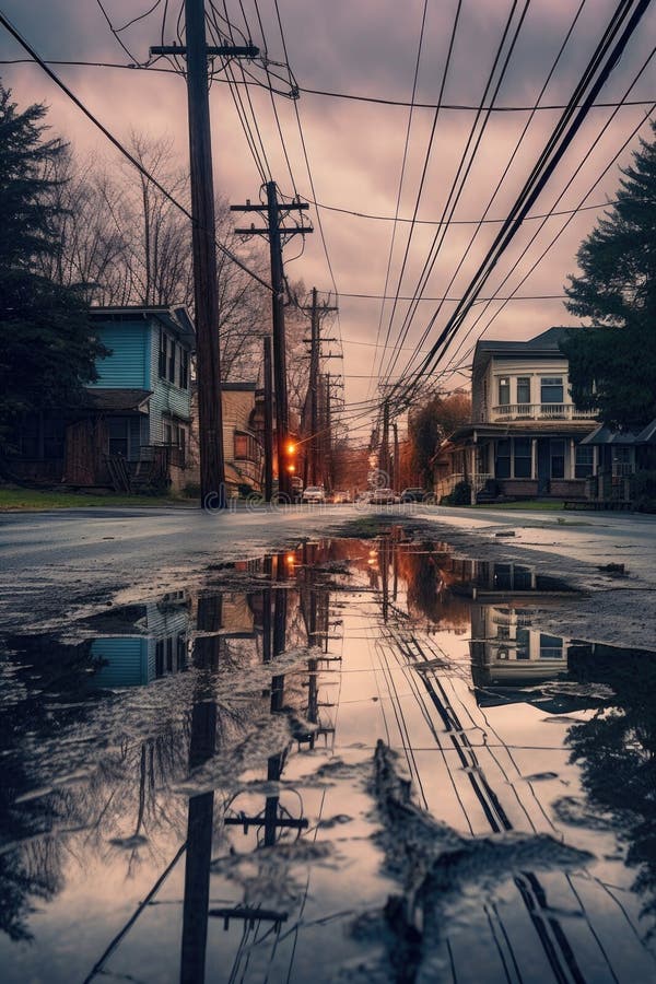 Broken Power Lines on a Stormy Street Stock Image - Image of generated ...