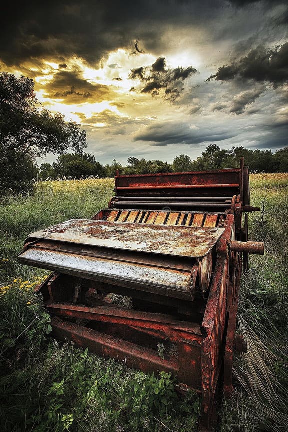 Broken Printing Press Rusting in an Open Field Stock Illustration ...