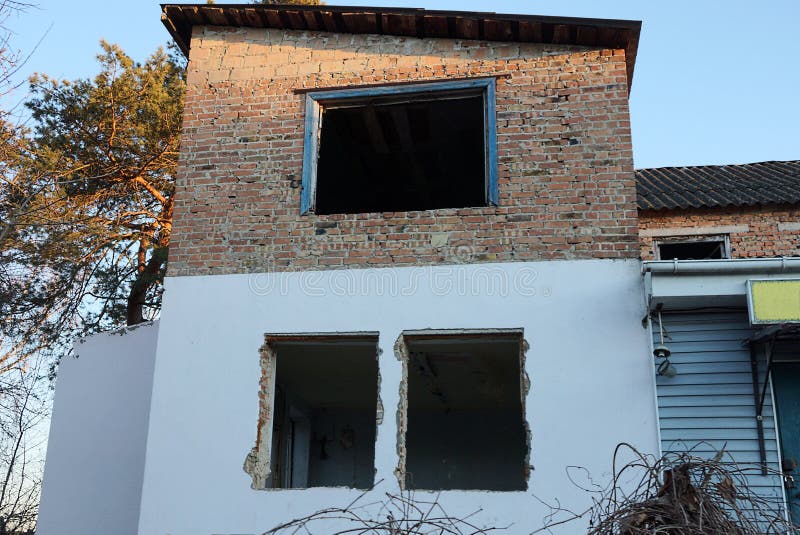 Broken Private Abandoned House with Empty Windows Made of Brown Bricks ...