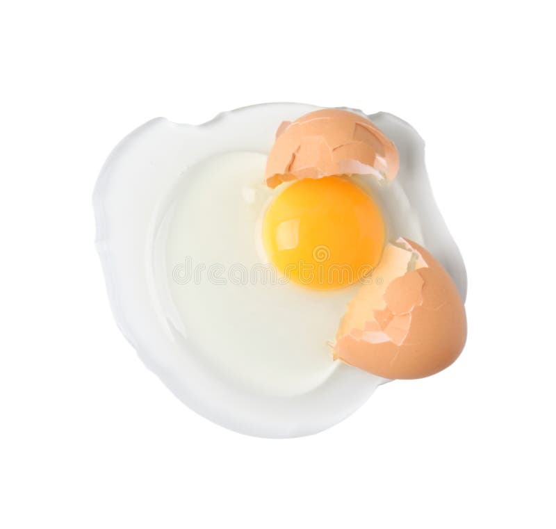 Broken Raw Egg with Shell Isolated on White, Above View Stock Photo ...