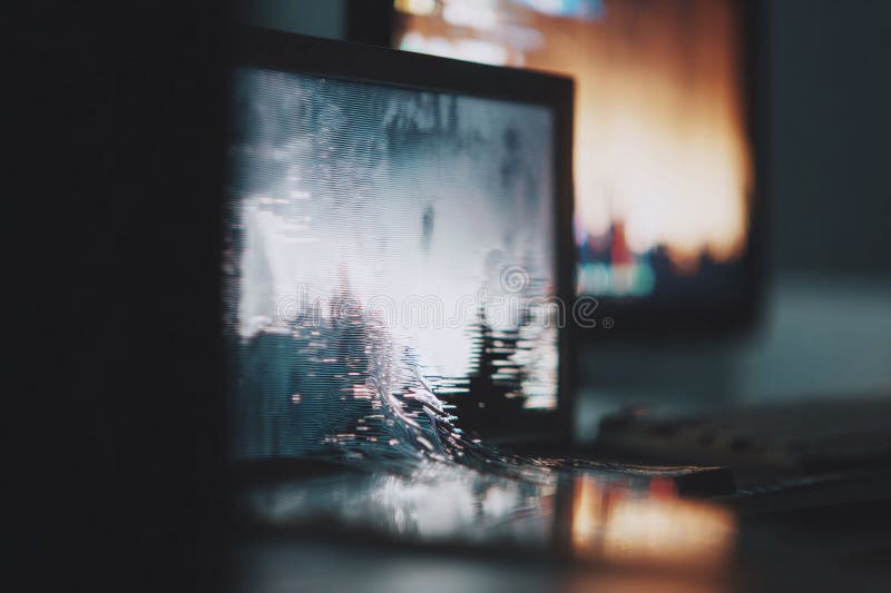 Broken Reality. Damaged Laptop Screen Reflecting Distorted Digital ...