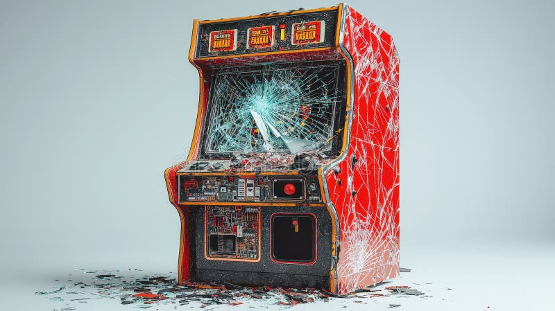 Broken Red and Black Arcade Machine with Damaged Screen and Controls in ...