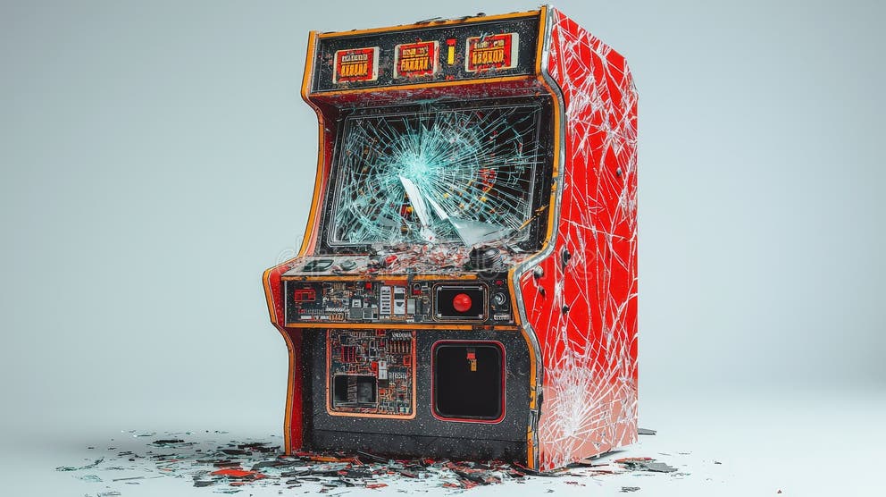 Broken Red and Black Arcade Machine with Damaged Screen and Controls in ...