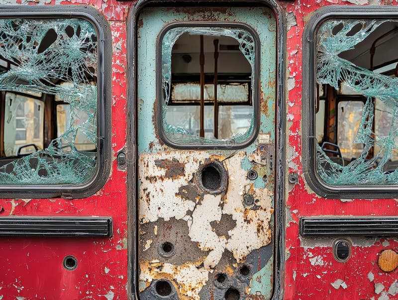 Broken Red Bus Abandoned on the Roadside in an Urban Setting during the ...