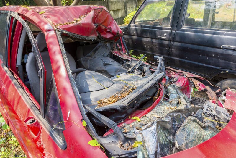 Broken Red Car because of the Crash Accident Stock Image - Image of ...