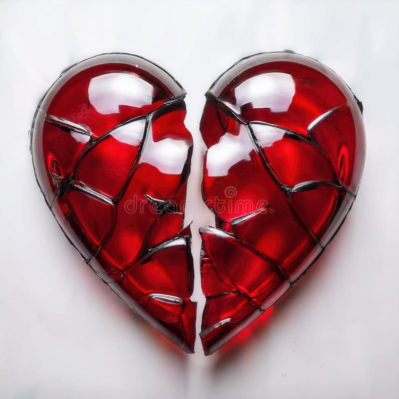 Broken Red Glass Heart with Intricate Cracks on White Solid Background ...