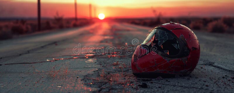 A Broken Red Motorcycle Helmet with Visible Cracks and Scratches Lying ...