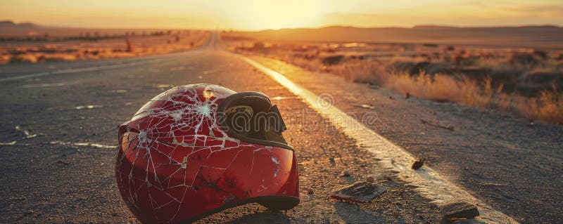 A Broken Red Motorcycle Helmet with Visible Cracks and Scratches Lying ...