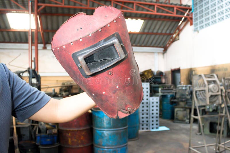 Broken Red Welding Mask in the Man Hand Stock Photo - Image of safe ...