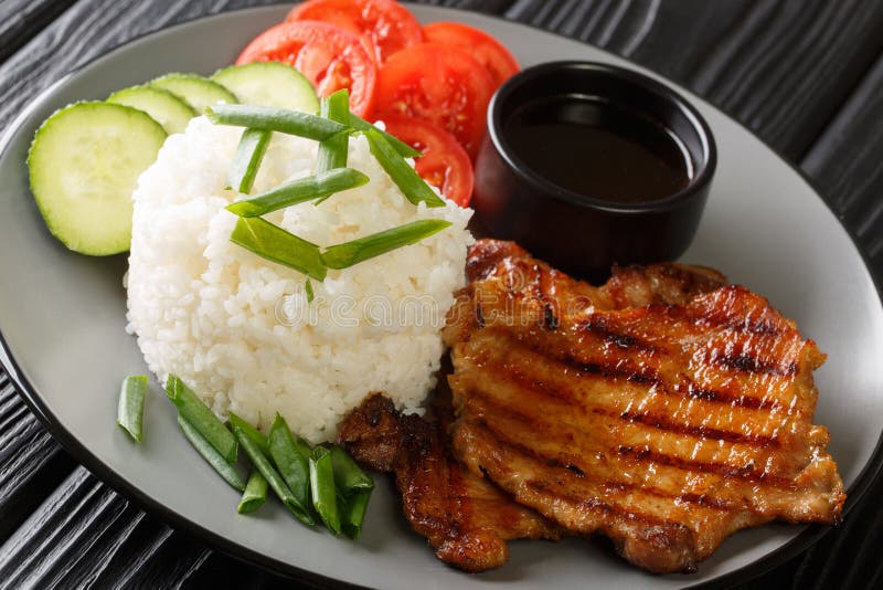 Broken Rice Recipe with Grilled Pork Chop Close-up in a Plate ...