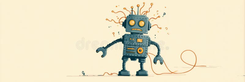 Broken Robot with Loose Wires and a Confused Expression Standing on a ...