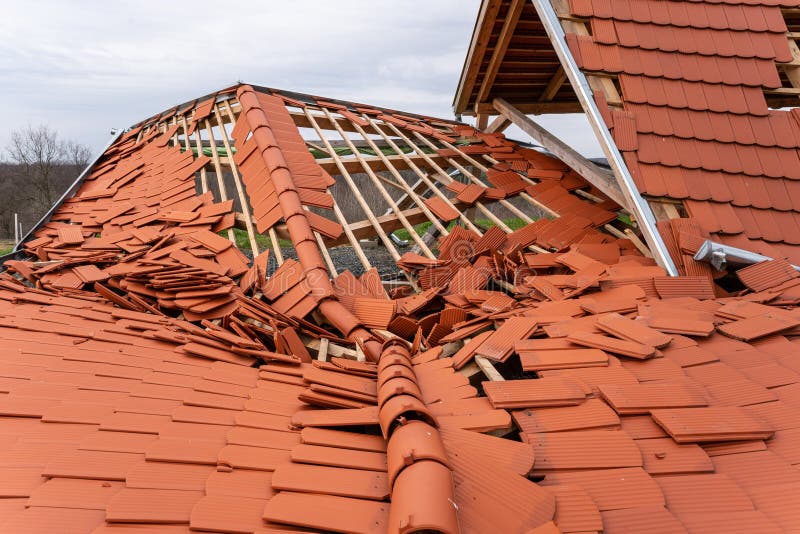 Broken roof after a storm stock photo. Image of broken - 185735808