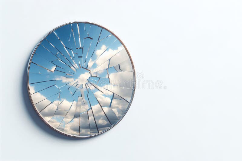 A Broken Round Mirror Reflecting the Sky and Clouds. Space for Text ...