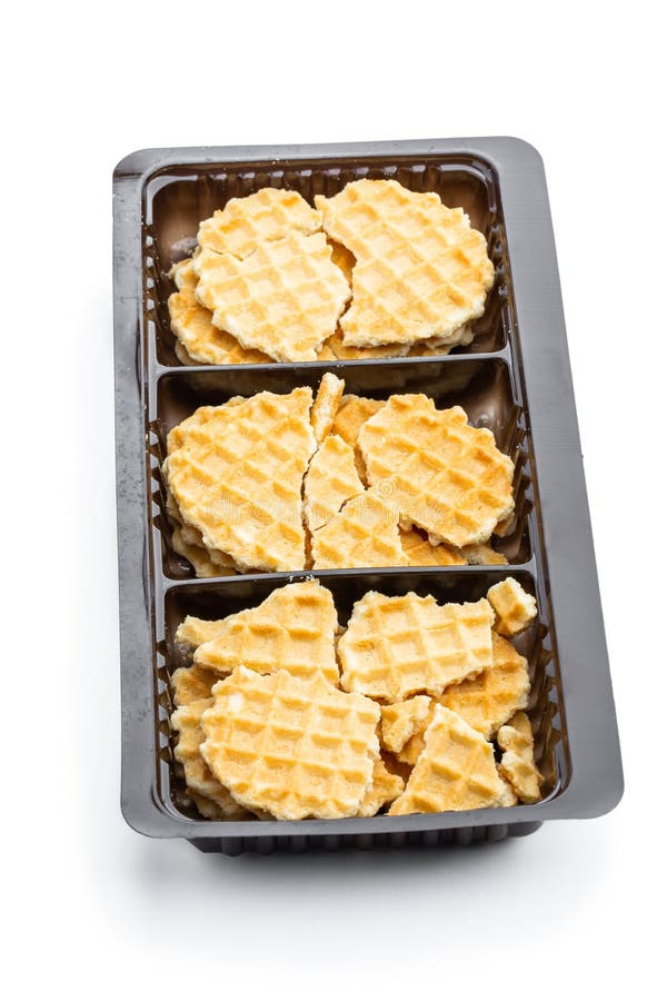 Broken Round Waffle in Plastic Pack Isolated Stock Photo - Image of ...