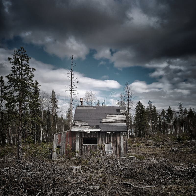 Broken Ruined Hut on a Forest Clearing Stock Image - Image of cloud ...