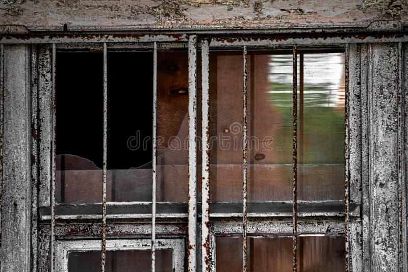 Broken Rusty Window with Metal Grating Stock Photo - Image of ...