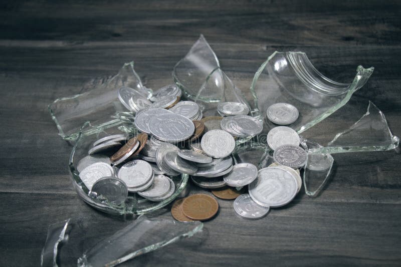 Broken Savings Bank and Coins Stock Image - Image of cash, business ...