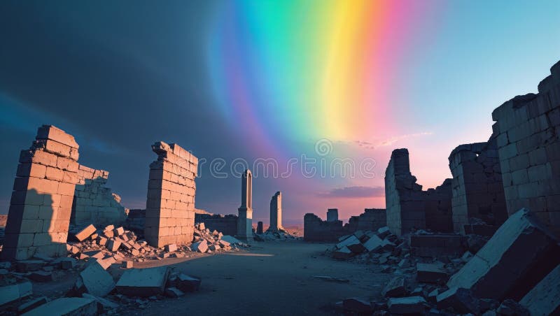 A Broken Scene Under a Rainbow, Where Shadows Stretch Across Ancient ...