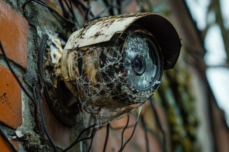 A Broken Security Camera Covered in Cobwebs and Debris Stock ...