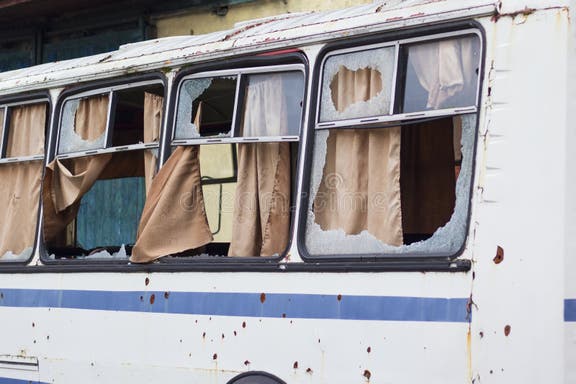 Broken, Shelled, Broken Bus Windows during the War Editorial Stock ...