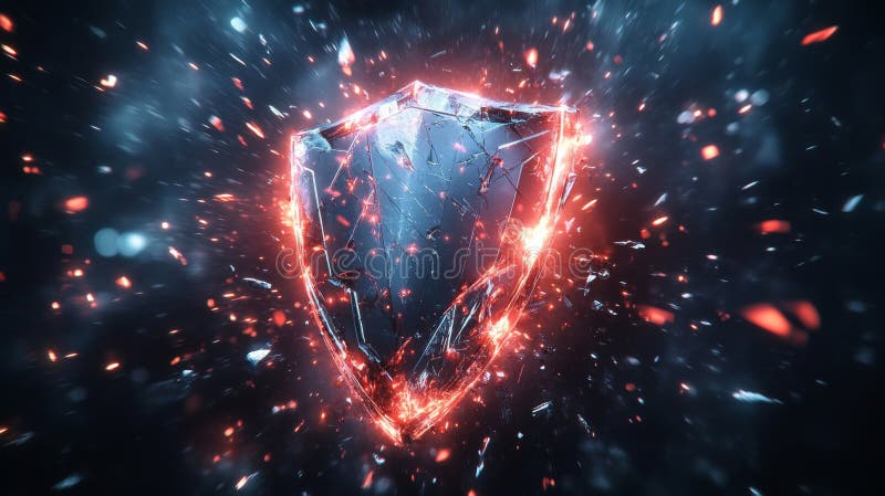Broken Shield Exploding with Fire and Sparks on Dark Background Stock ...