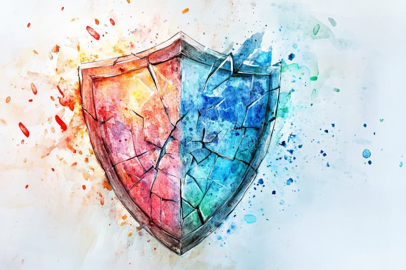 Broken Shield in Vibrant Colors with Splashes of Paint Effects Stock ...