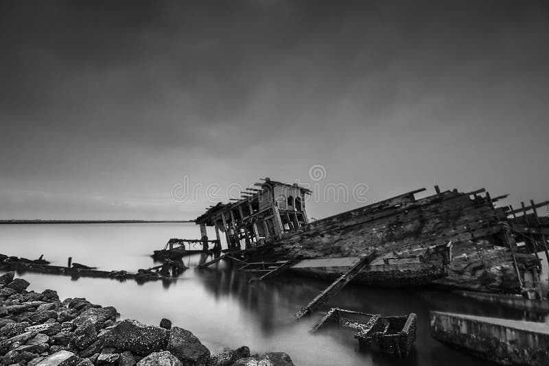 Broken Ship at Ghost Beach Black and White Stock Photo - Image of ...