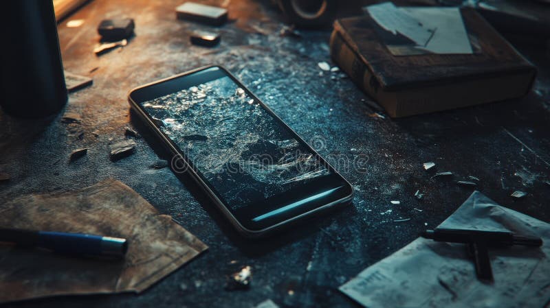 Broken Smartphone on Cluttered Dark Workbench Stock Photo - Image of ...
