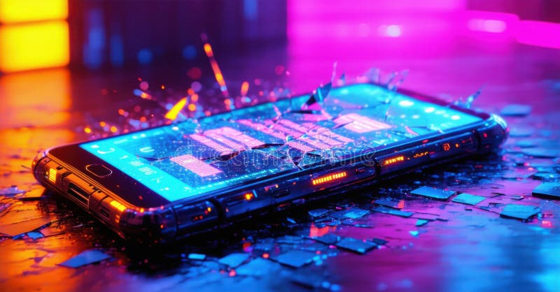 Broken Smartphone with Cracked Neon Screen, Digital Glitch Effect ...