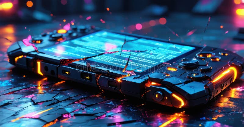 Broken Smartphone with Cracked Neon Screen, Digital Glitch Effect ...