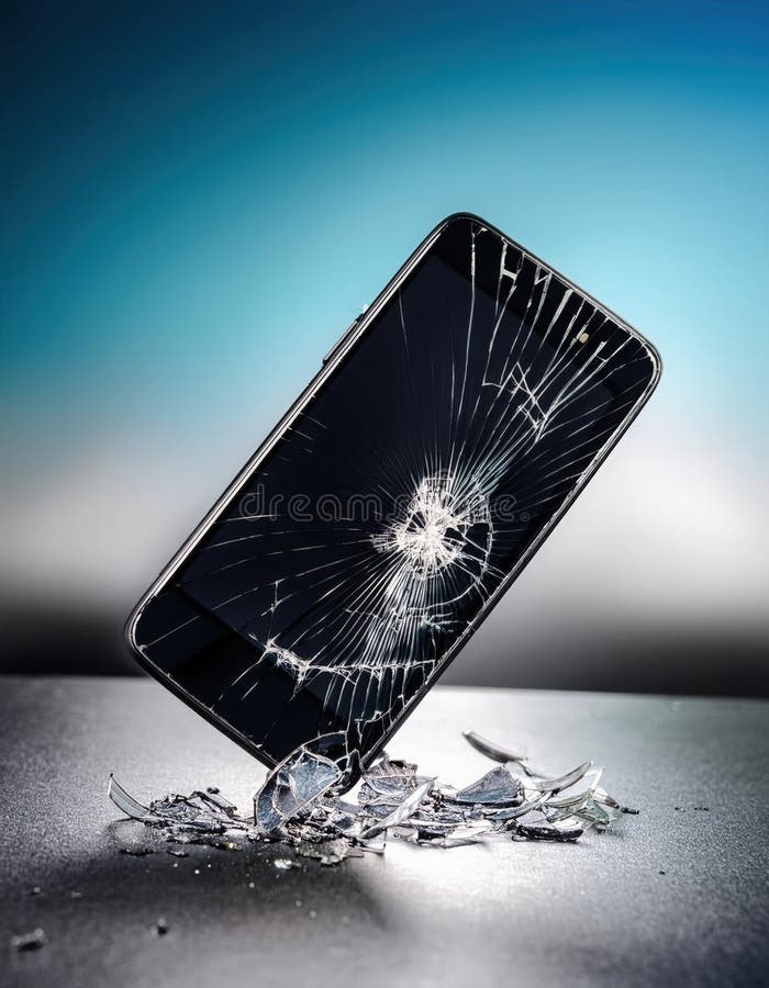 Broken Smartphone with Cracked Screen Falling Onto Shattered Glass ...