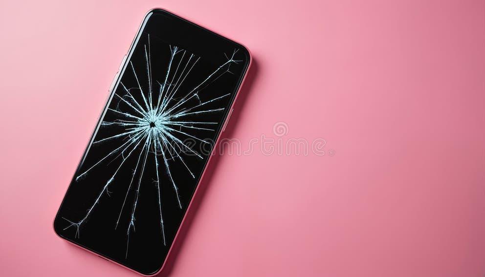 Broken Smartphone with Shattered Screen on Pink Backdrop. Cracked ...