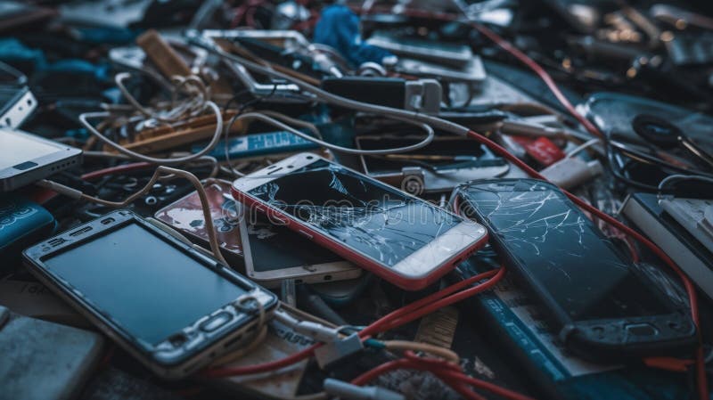 Broken Smartphones and Tangled Cables on a Cluttered Table Stock ...