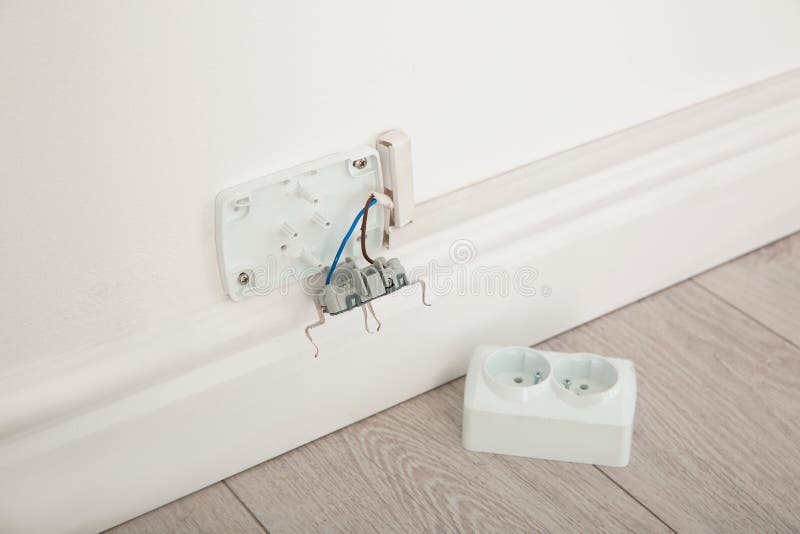 Broken Sockets on White Wall Indoors. Stock Image - Image of connection ...