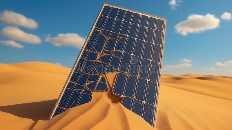 Broken Solar Panel in Desert Sand with Blue Sky and Clouds Stock Photo ...